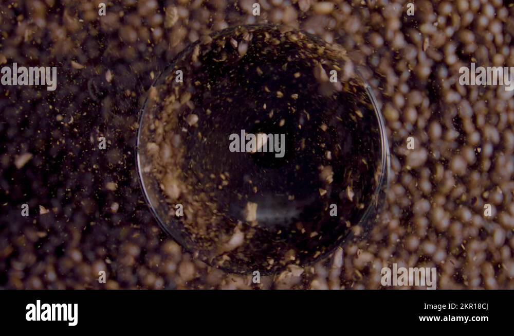 Rotating coffee beans grinding in mill close up. Modern grinder making ...