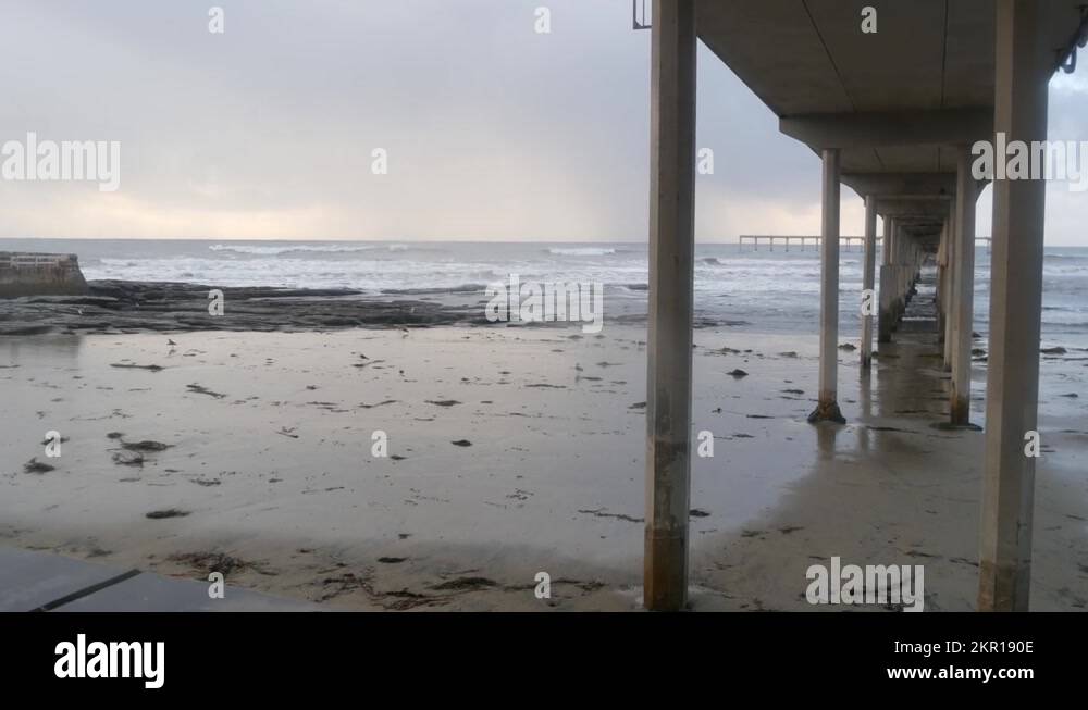 Ocean Beach pier in rainy weather, sea waves in rainfall, California ...