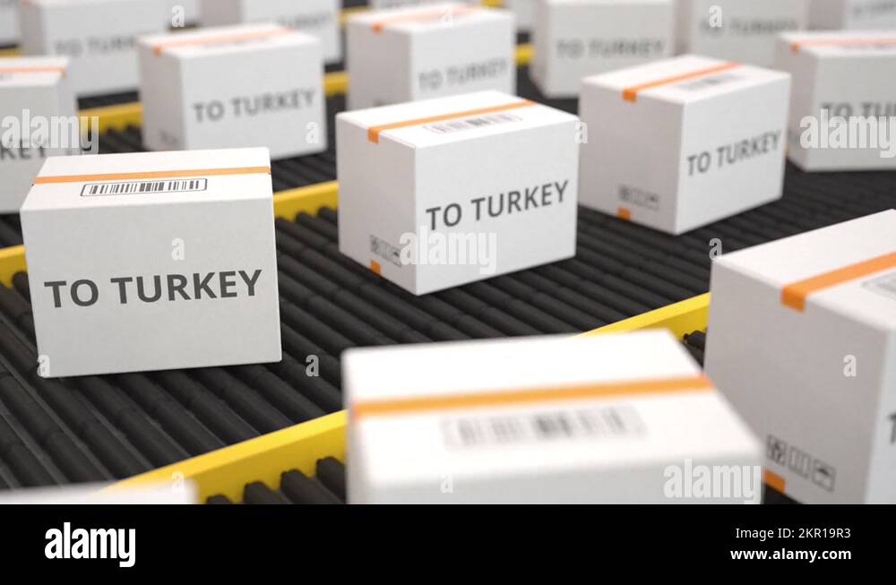 TO TURKEY text on white cartons moving along the conveyor. Seamless ...