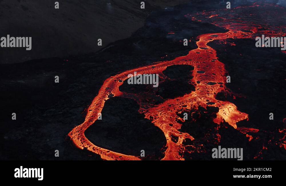 Long red hot lava river in Meradalir valley during 2022 volcano ...