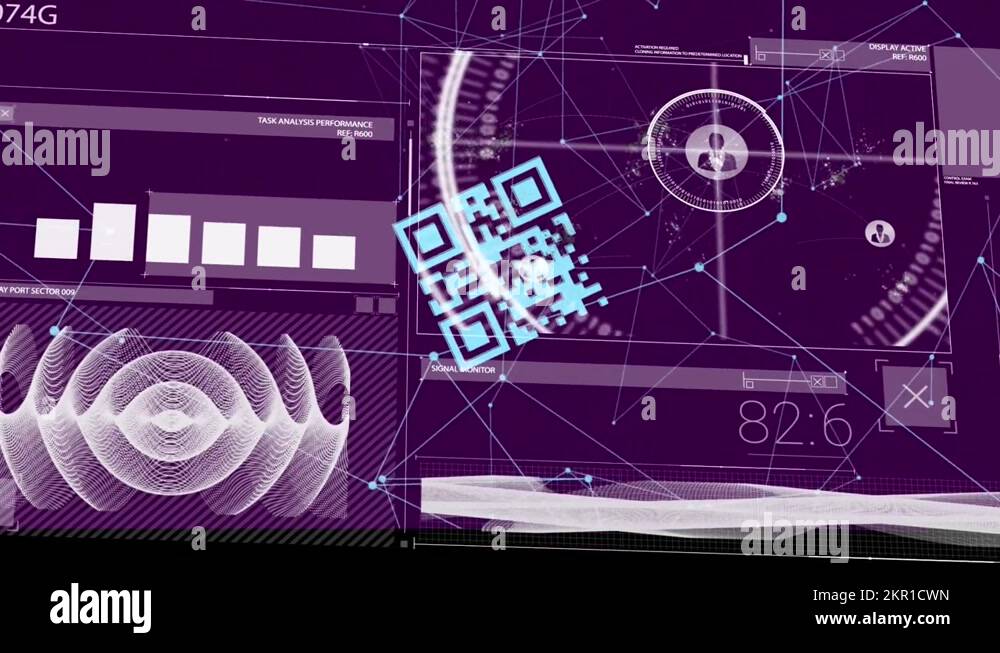 Looping qr code with graphs, profile icons and spiral wave over dots ...