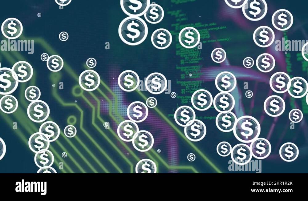 Animation of dollar symbols and dna structures over microprocessor ...