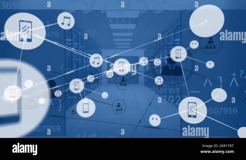 Animation of network of digital icons over multiple changing numbers ...