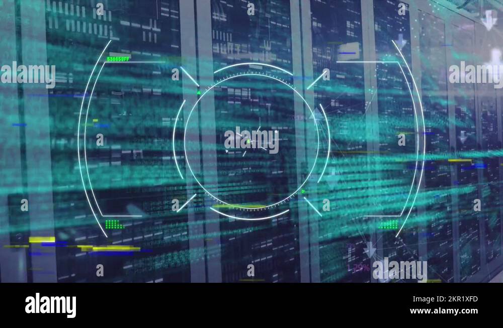 Futuristic interface and computer programming with server room in ...