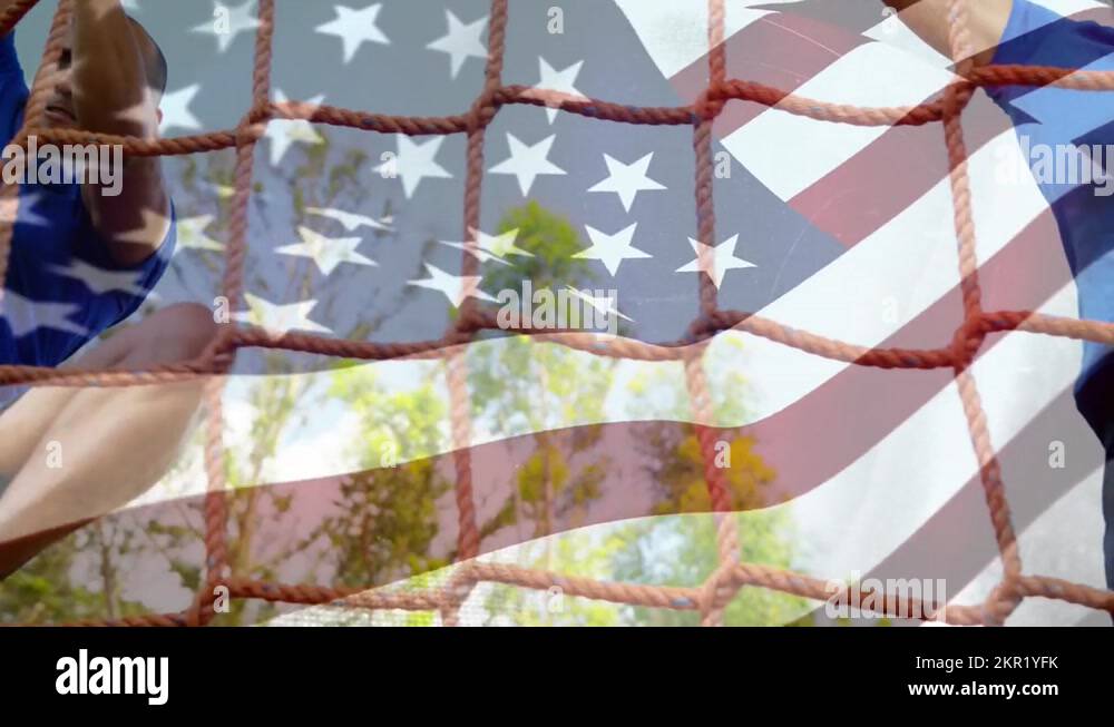 Animation of flag of usa over diverse man and woman during obstacle ...