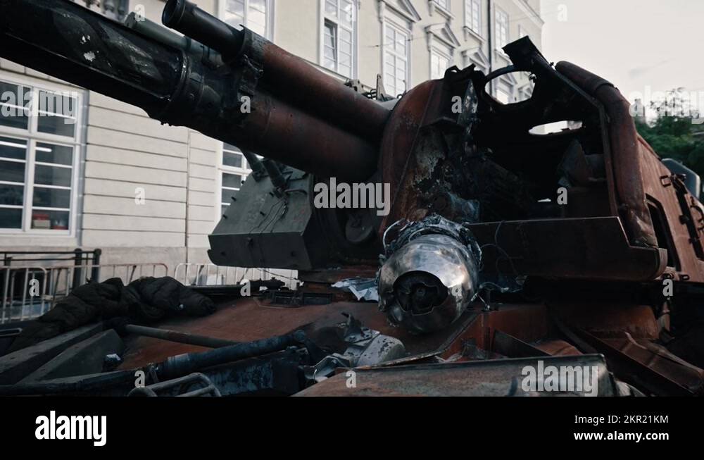 Close-up of caterpillar battle tank turret and armor burned-out Russian ...