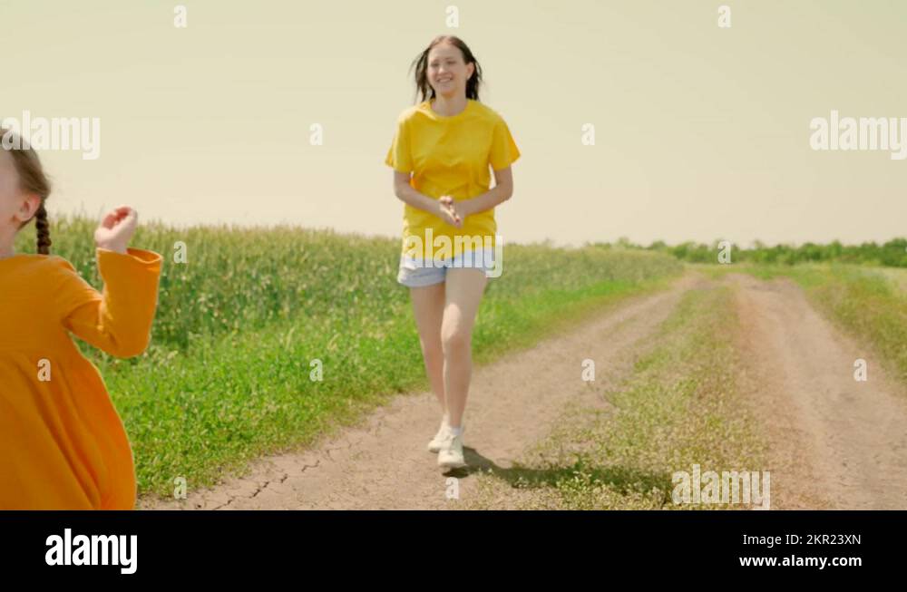 Mom, dad, little girl are walking together, Child, daughter runs with ...