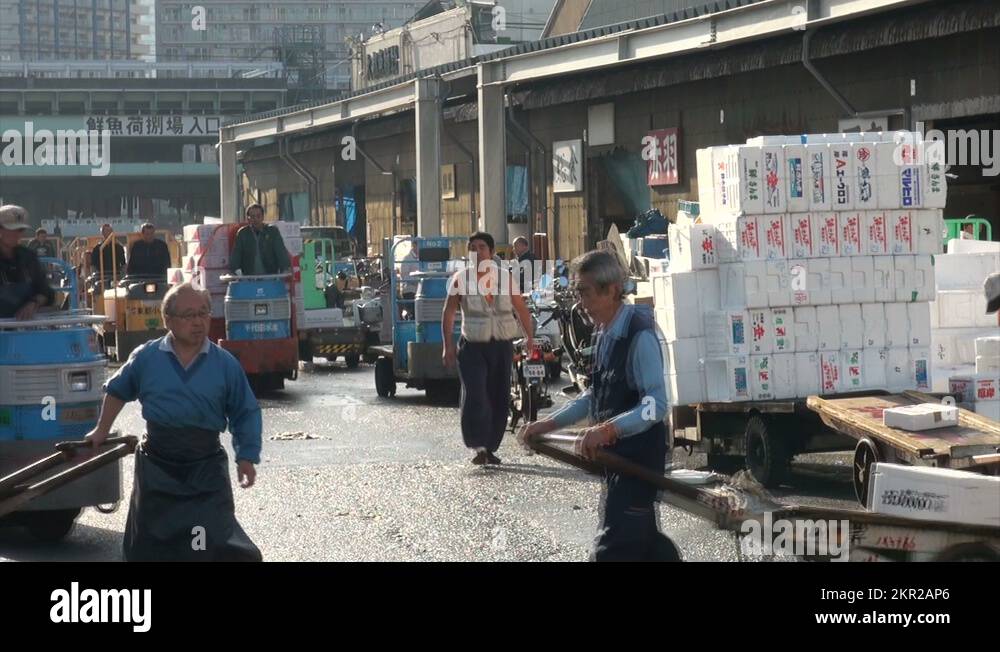 Overview of Tsukiji fish market, carts, transport, people, Tokyo, Japan ...