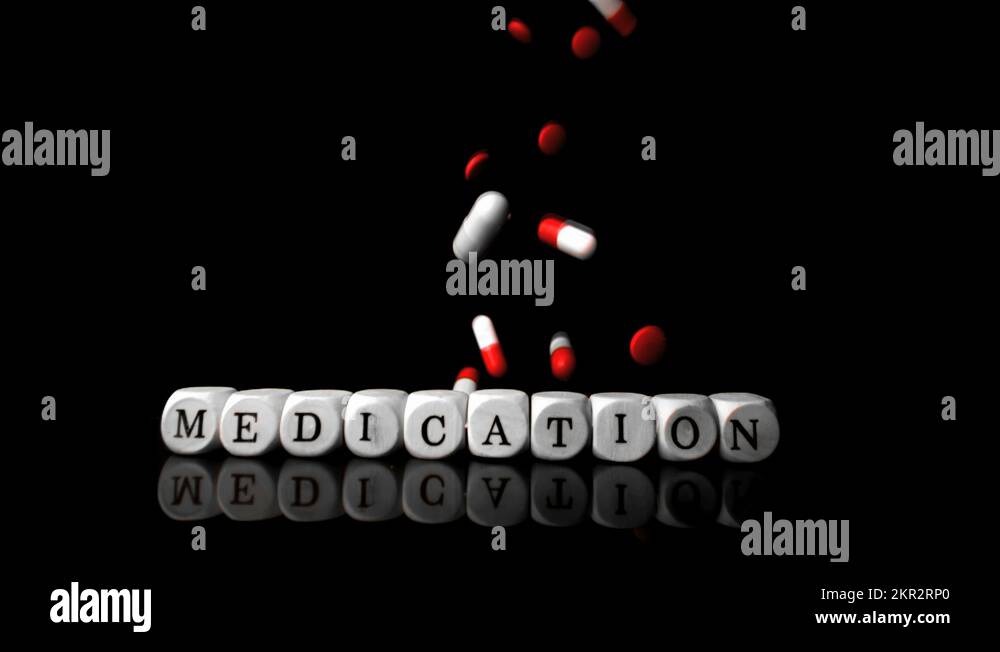 Different tablets falling in front of dice spelling medication Stock ... Different tablets falling in front of dice spelling medication Stock ...