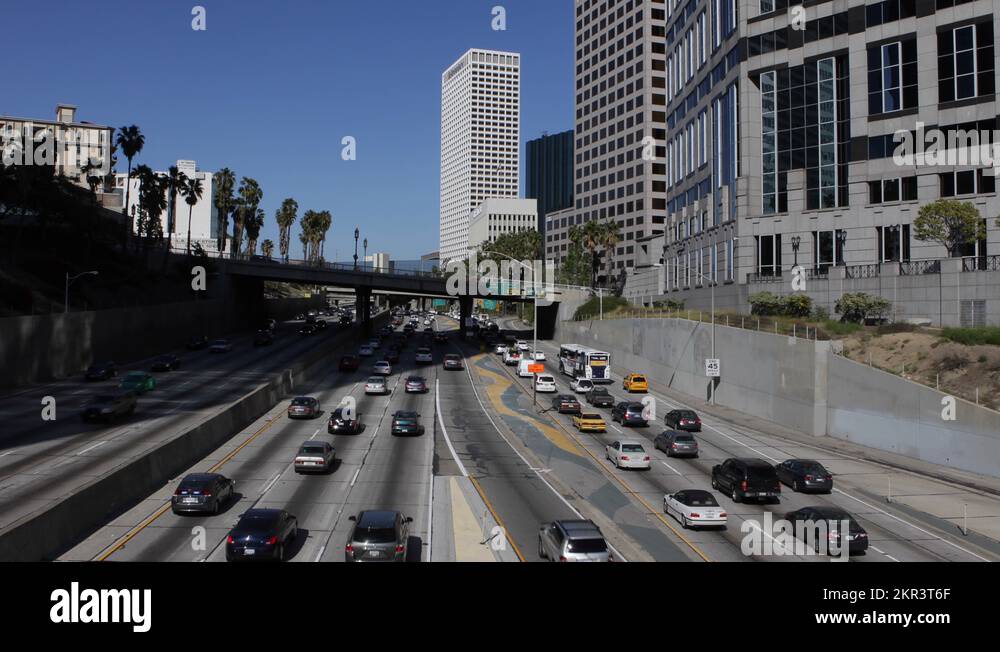 Rush Hour Commuters Traffic Jam on Freeway, USA, Downtown Los Angeles ...