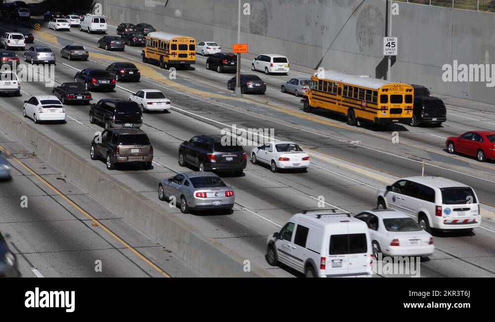 Busy City Rush Hour Freeway Yellow School Buses Highway Los Angeles ...