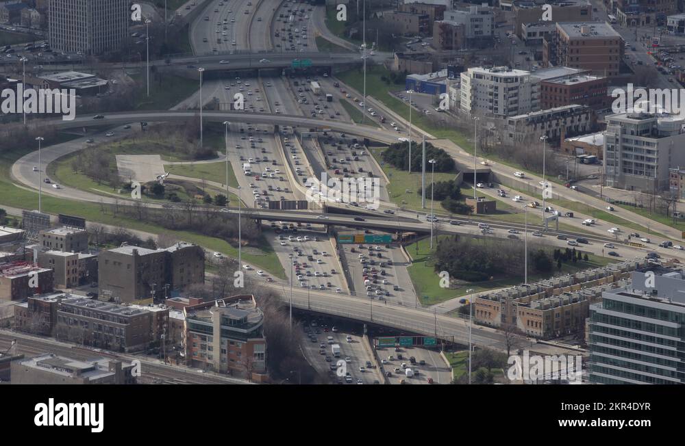 Kennedy Expressway, Highway Traffic Jam, Aerial view of Downtown ...