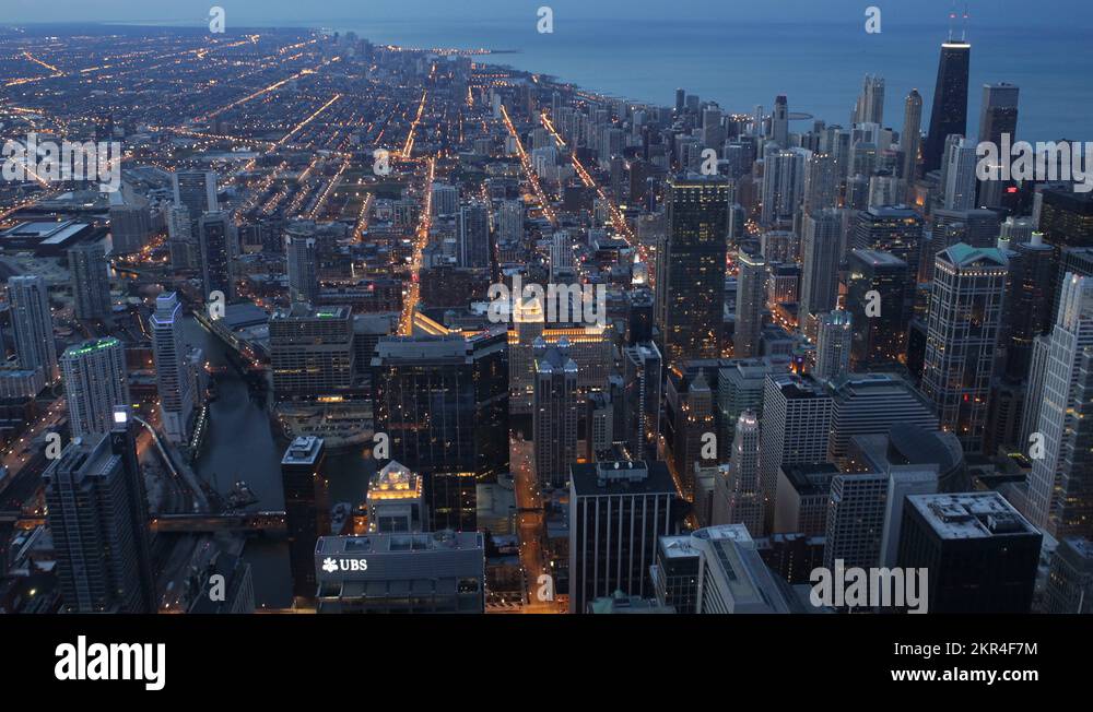 Illuminated Landmark Buildings, Highrise, City Night Downtown Chicago ...