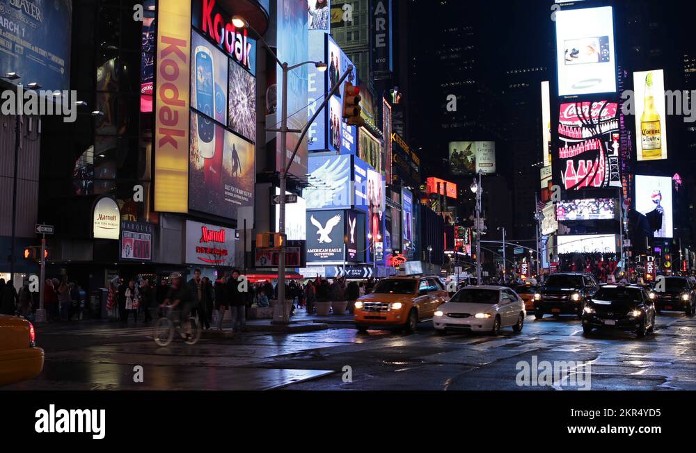 Times Square New York City Illuminated Late Night Rush Hour Pedestrians ...