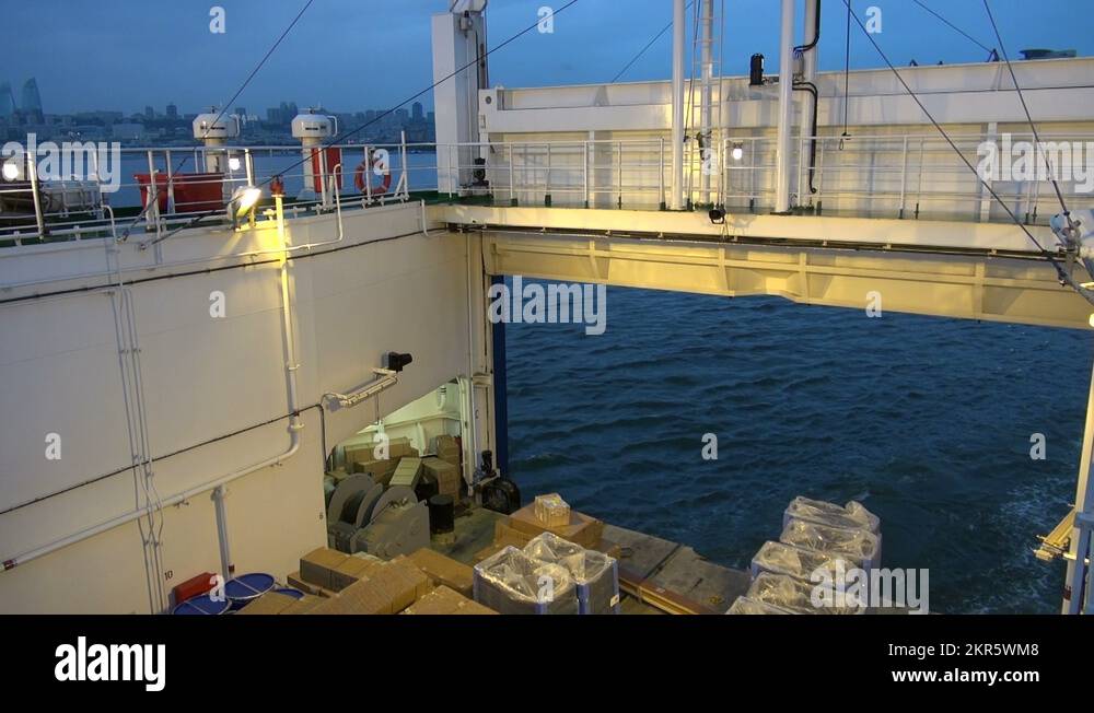 Door of cargo ship closing during sailing, Azerbaijan, Caspian Sea ...