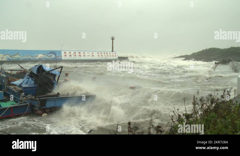 Storm Surge And High Tide Flood Fishing Port During Hurricane Stock ...