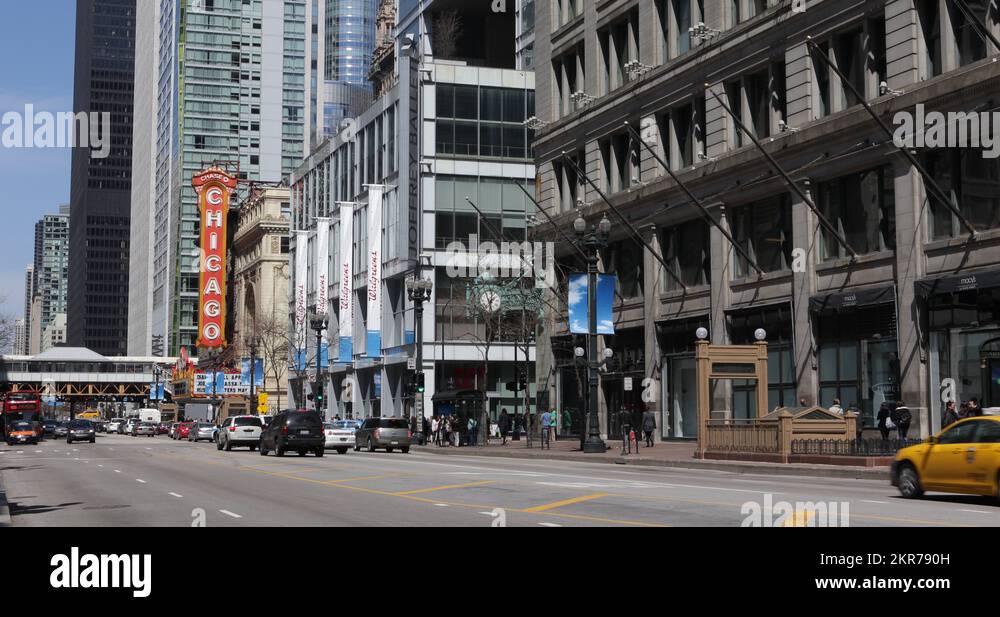 Ultra HD 4K Famous Chicago Theater, Theatre Sign, Traffic Jam, People ...