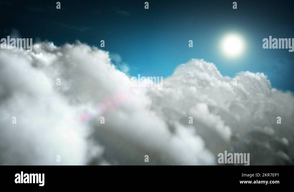 Flying through white soft clouds with sun and lens flare. Loopable ...