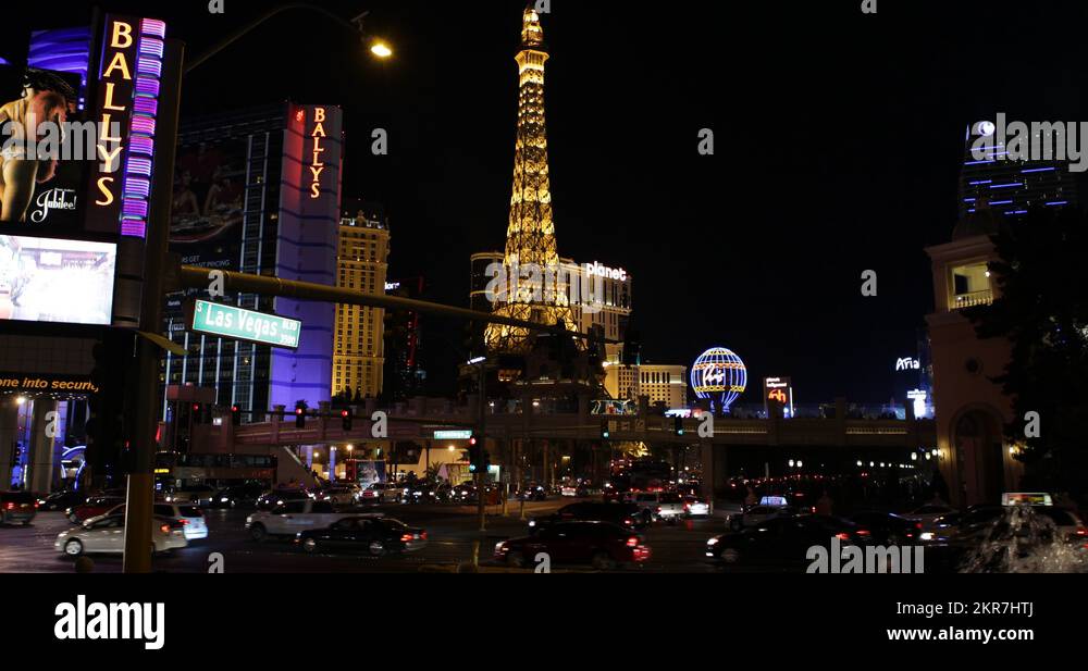 Ultra HD 4K Night Las Vegas Strip Eiffel Tower Car Traffic Passing Busy ...