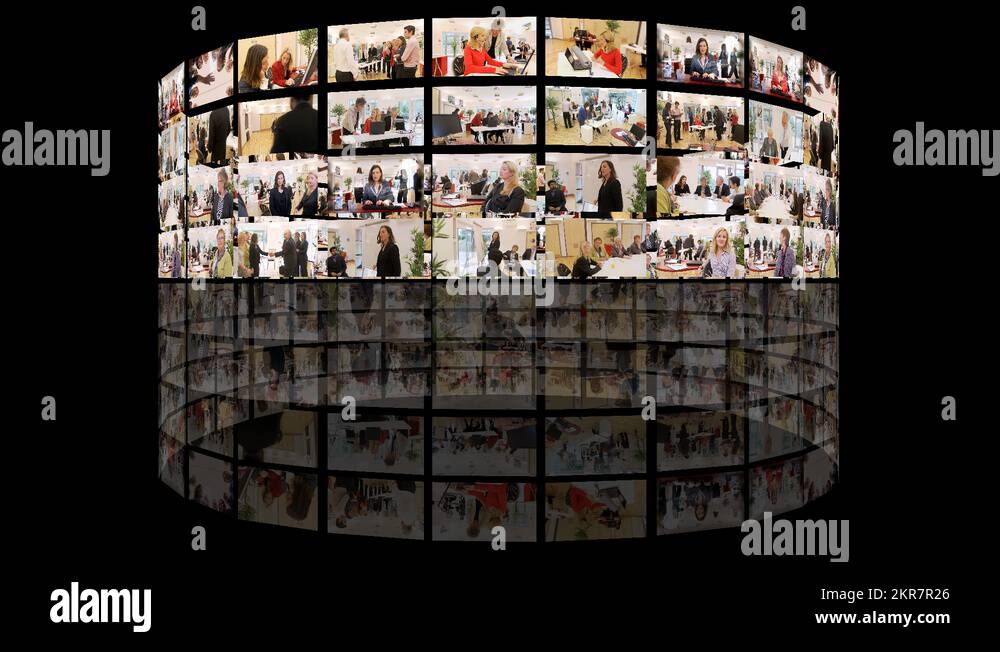 A giant bank of media screens showing hundreds of video and film clips ...