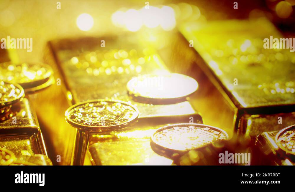 Gold bars, coins and riches. A scene of cluttered treasure and diamonds ...