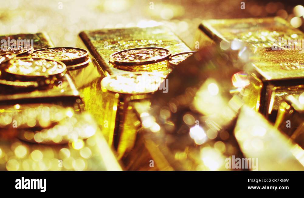 Gold bars, coins and riches. A scene of cluttered treasure and diamonds ...