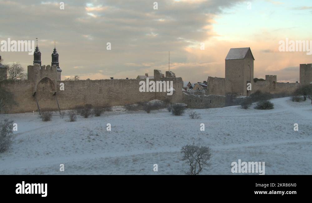 Visby medieval citywall during sunrise on the island Gotland in Sweden ...