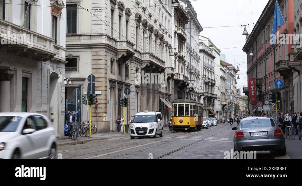 Ultra HD 4K Busy City Italian Tram Old Town Milan Italy Car Passing ...