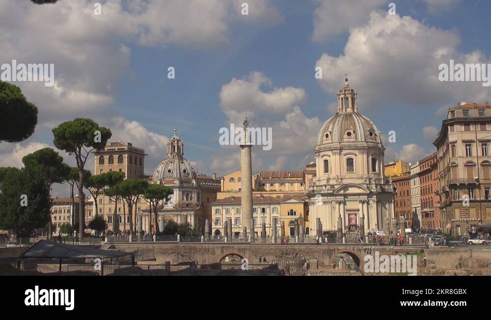 Pan right panorama Forum Trajan square basilica Rome biblioteca fori ...