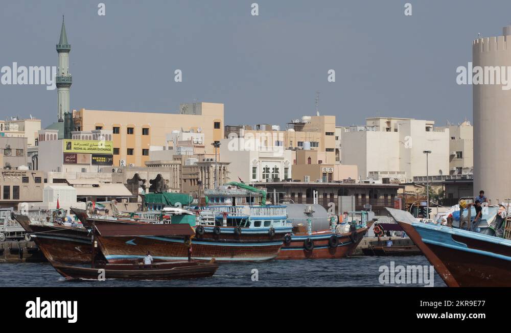Freight Ship Cargo Dhow Arabian Transportation Docks UAE Bin Naim Old Mosque Day Stock Video ...