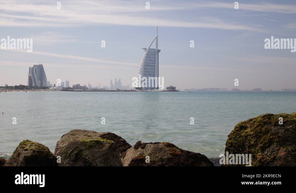 Burj Al Arab Coast Rocks Low Waves Beautiful Blue Water White Dubai ...