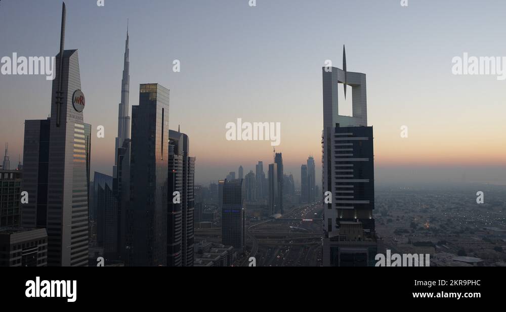 Ultra HD 4K UHD Sunset Aerial View Dubai Skyline Downtown Crowded ...