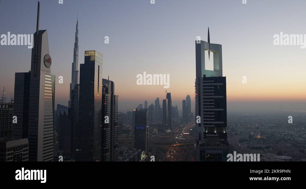 Ultra HD 4K Sunset Aerial View Dubai Skyline Office Towers Busy City ...