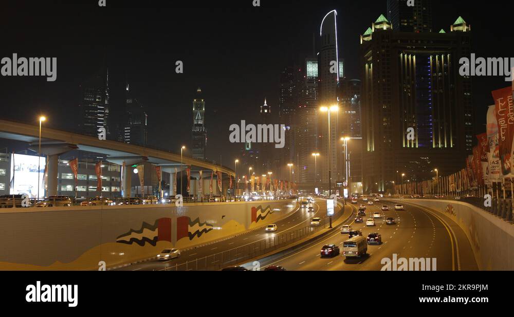 Ultra HD 4K Illuminated Night Rush Hour Dubai Skyline Highway Freeway ...