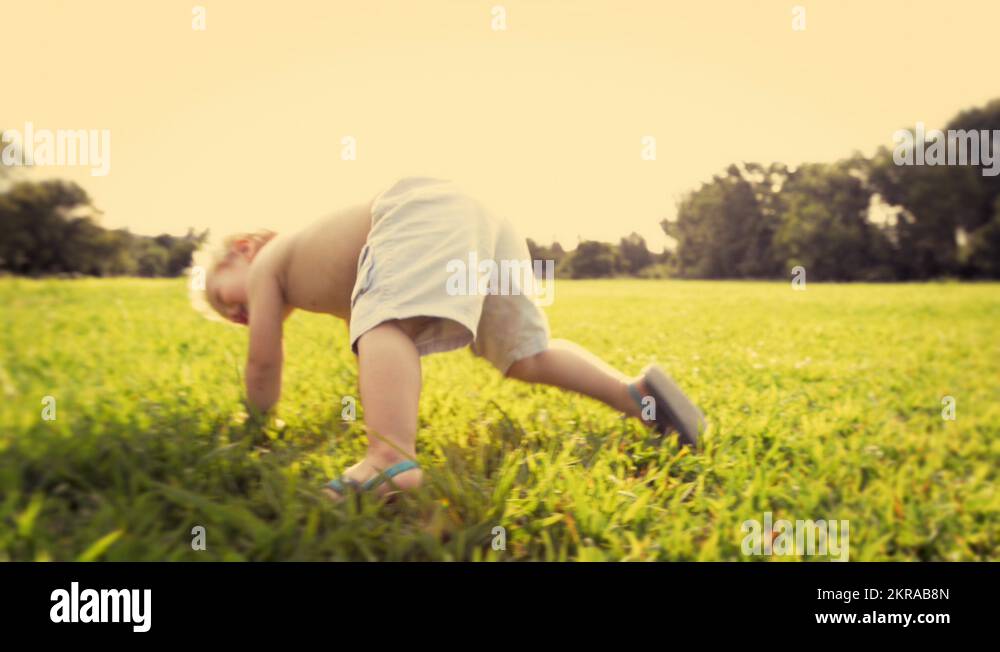 Cute baby boy running in grass field Stock Video Footage - Alamy