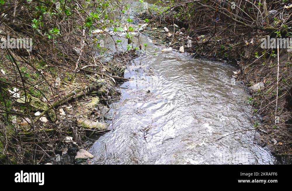 Water pollution. Waste water flowing and polluting environment Stock ...