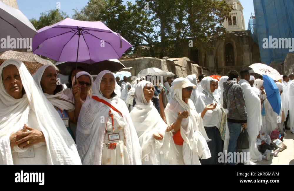 4K UHD Ethiopian Orthodox pilgrims at Deir es Sultan by the dome of St ...