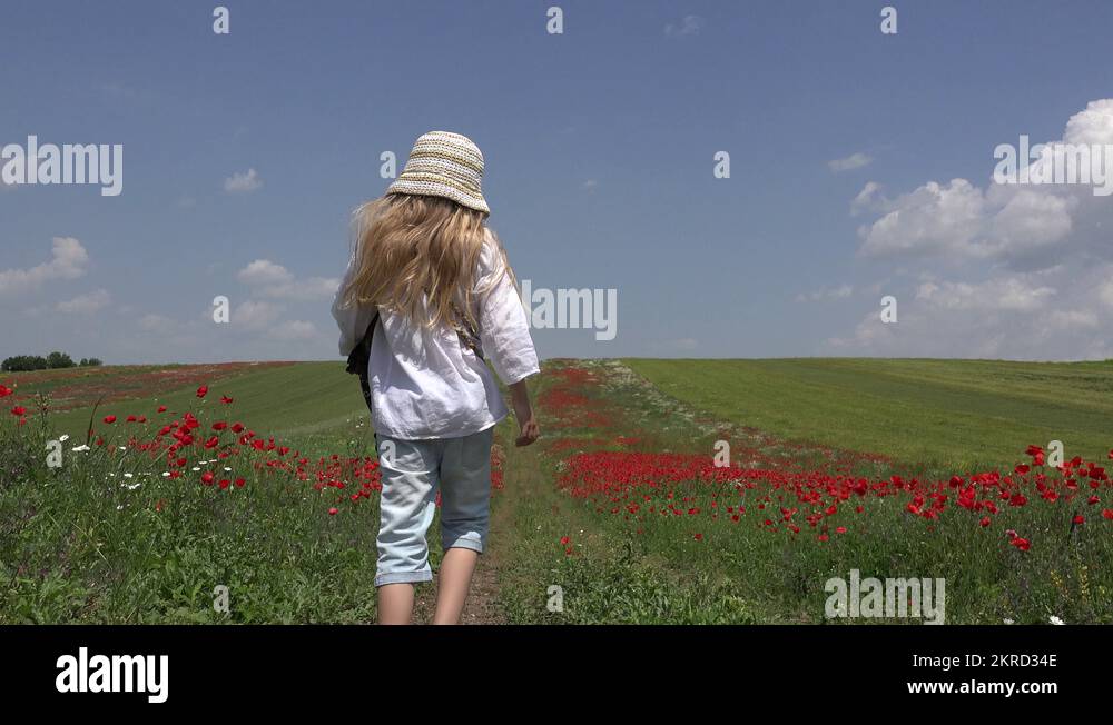 4K Happy Little Girl Walking Poppy Flowers Field Playing Children ...