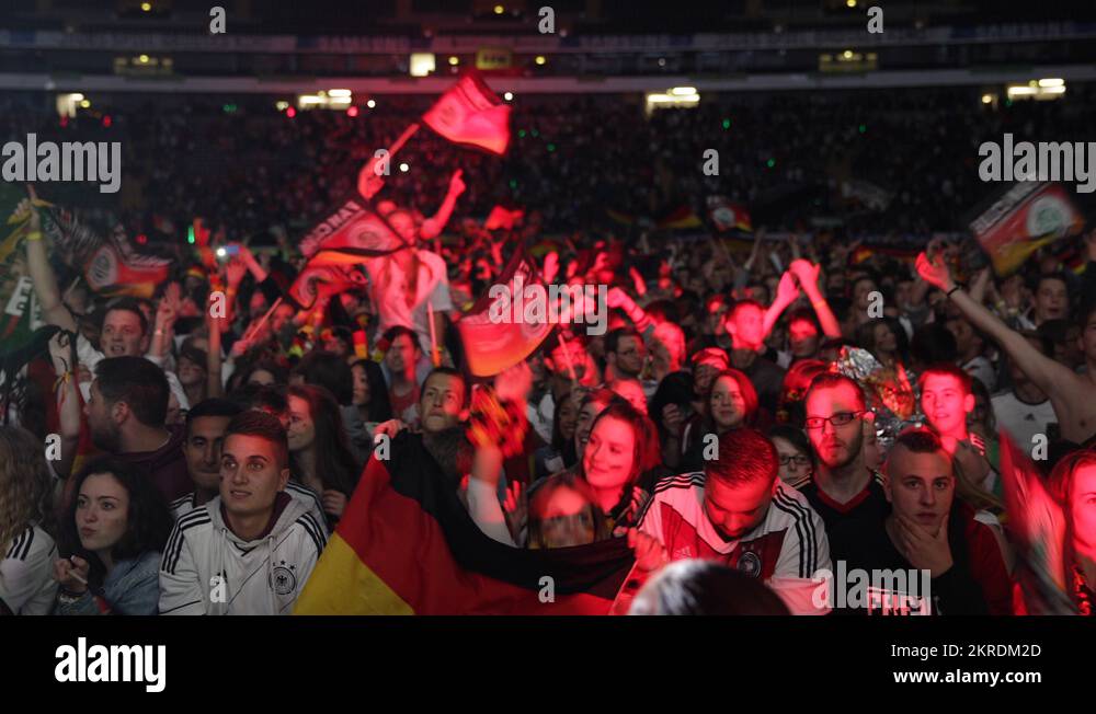 Pan Left Fans of German Soccer Team Celebrating Supporters Waving Flags ...