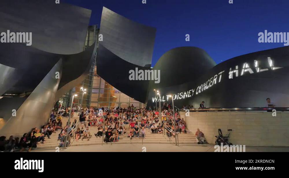 Crowd of people sitting on stairs of Walt Disney Concert Hall. 4K ...
