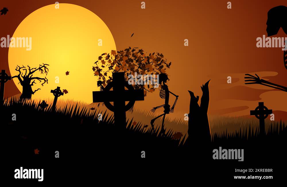 Human Skeletons Walking In Spooky Graveyard. Creepy Haloween Stock ...