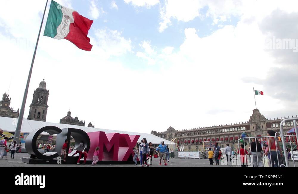FULL SHOT. Mexico City logo in Constitution Square and flag Stock Video ...