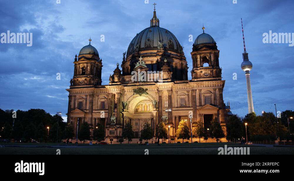 UHD 4K Berlin Cathedral TV Tower Landmark German Symbol Dusk Lights ...