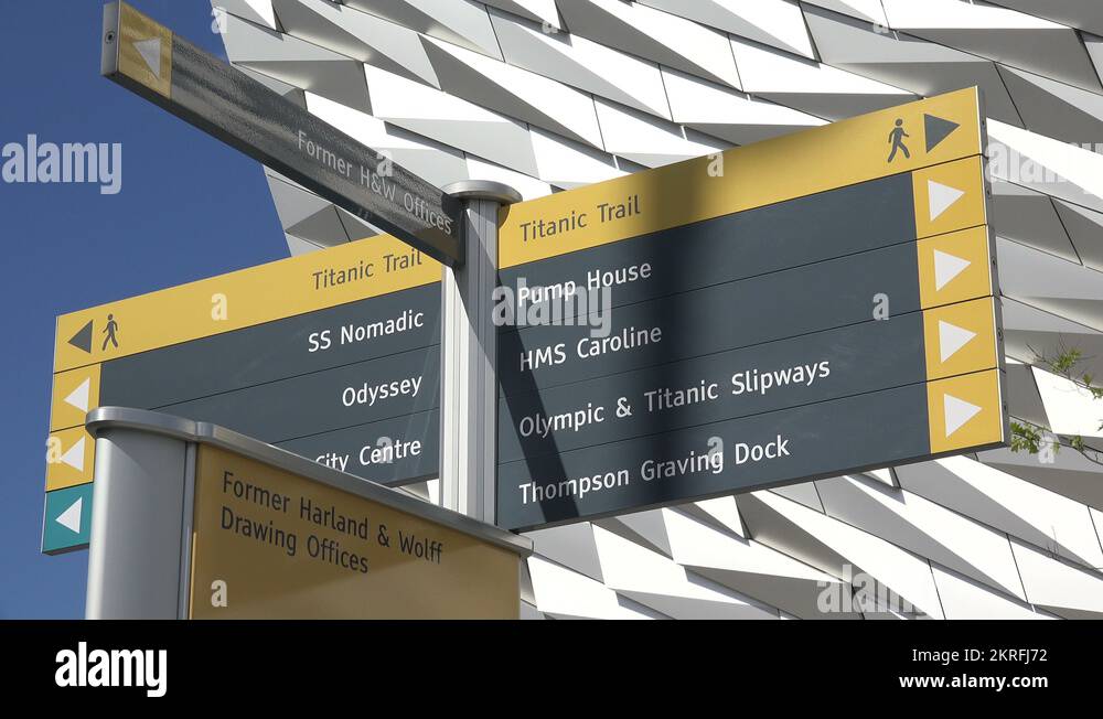tourist sign posts at titanic belfast visitor centre, northern ireland ...