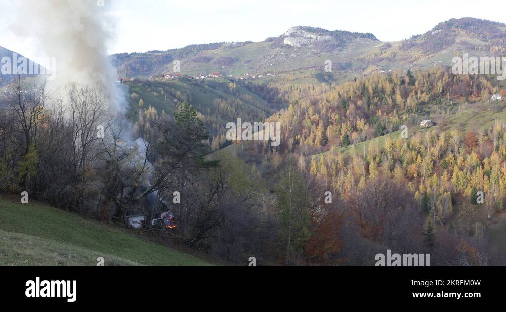 Ultra HD 4K Wooden Cottage Burning Huge Fire Flame Smoke Mountain Hill ...