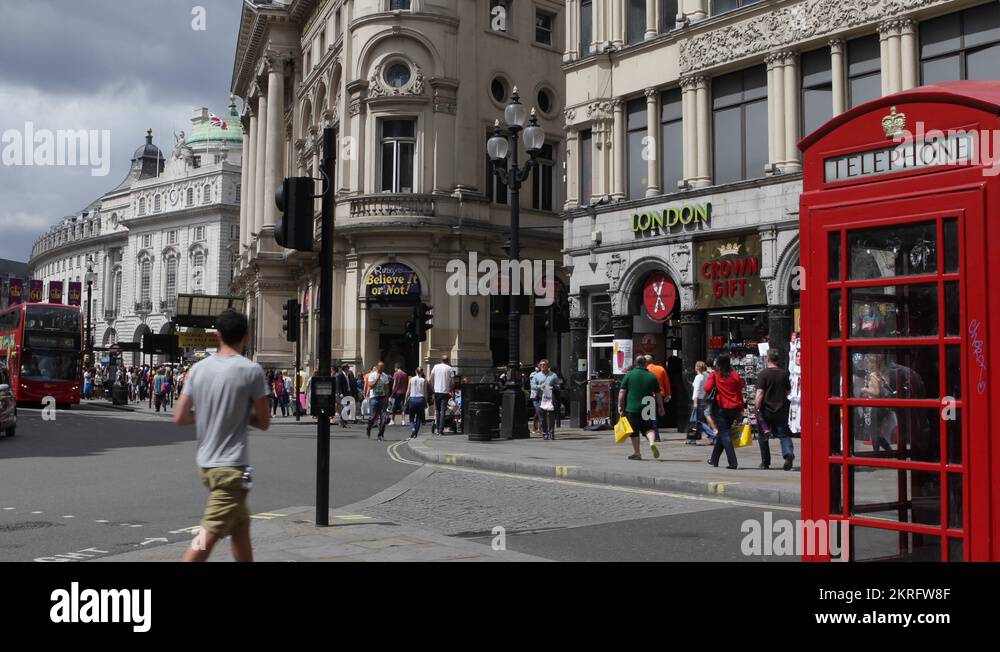 London Phone Booth Red Telephone People Passing Cars Bus Traffic ...