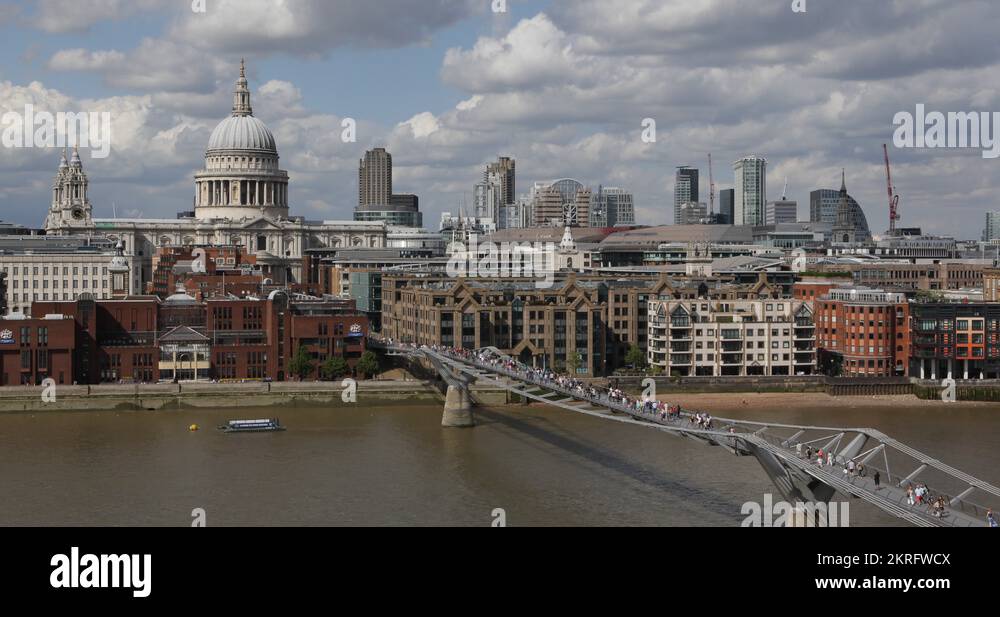 UHD 4K People Crossing Pedestrians Bridge London Aerial View Skyline ...