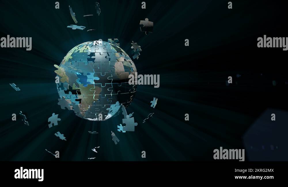 4K animation of puzzle pieces flying in and creating a map animation ...