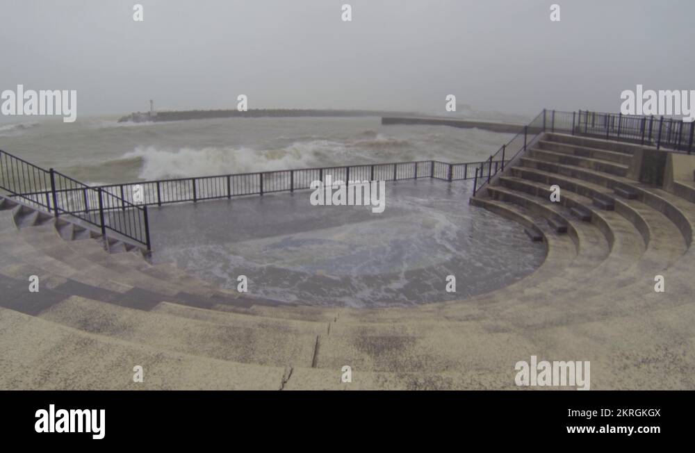 Huge Hurricane Waves Crash Into Waterfront Seawall Stock Video Footage ...
