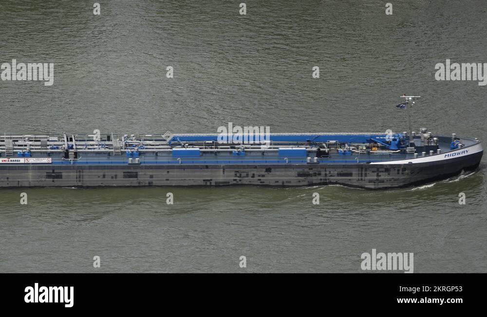 Oil Tanker Fluvial Cargo Ship Passing River Big Barge Vessel Moving ...